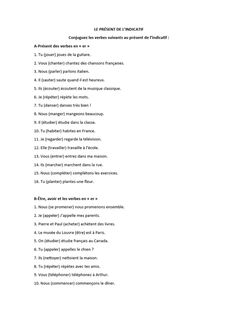 Exercices sur le présent de l'indicatif | PDF