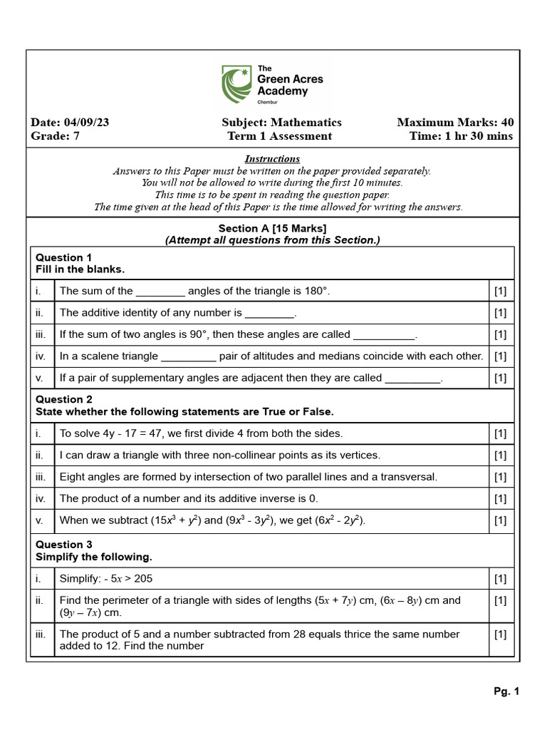 Green Acres - STD 7 (2023-24) - Sem 1 (Sample Paper) (Q) | PDF | Triangle | Mathematics