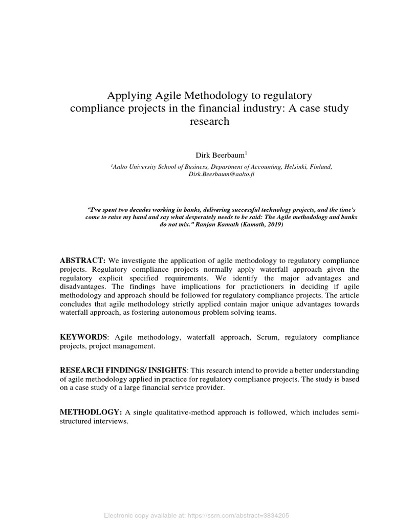 Applying Agile Methodology To Regulatory Compliance Projects in The Financial Industry A Case ...