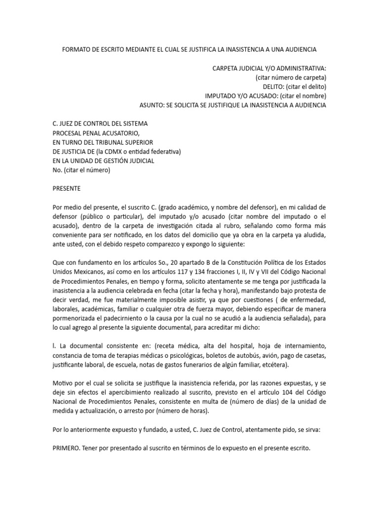 Escrito Mediante El Cual Se Justifica La Inasistencia A Una Audiencia | PDF