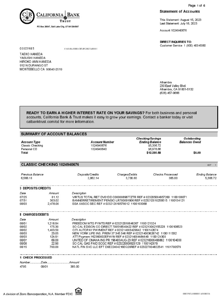 Statement XXXXXX0676 2023 08 15 | PDF | Overdraft | Deposit Account