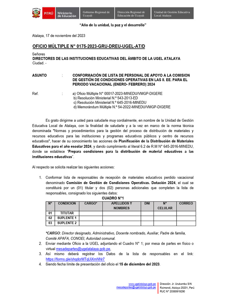 Oficio Multiple #175-2023-Remitir Lista de Responsable de Recepcion de Materiales Educativos ...