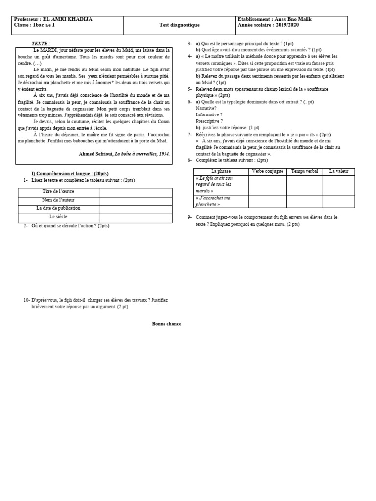 Test diagnostique 1bac s.e 1 | PDF
