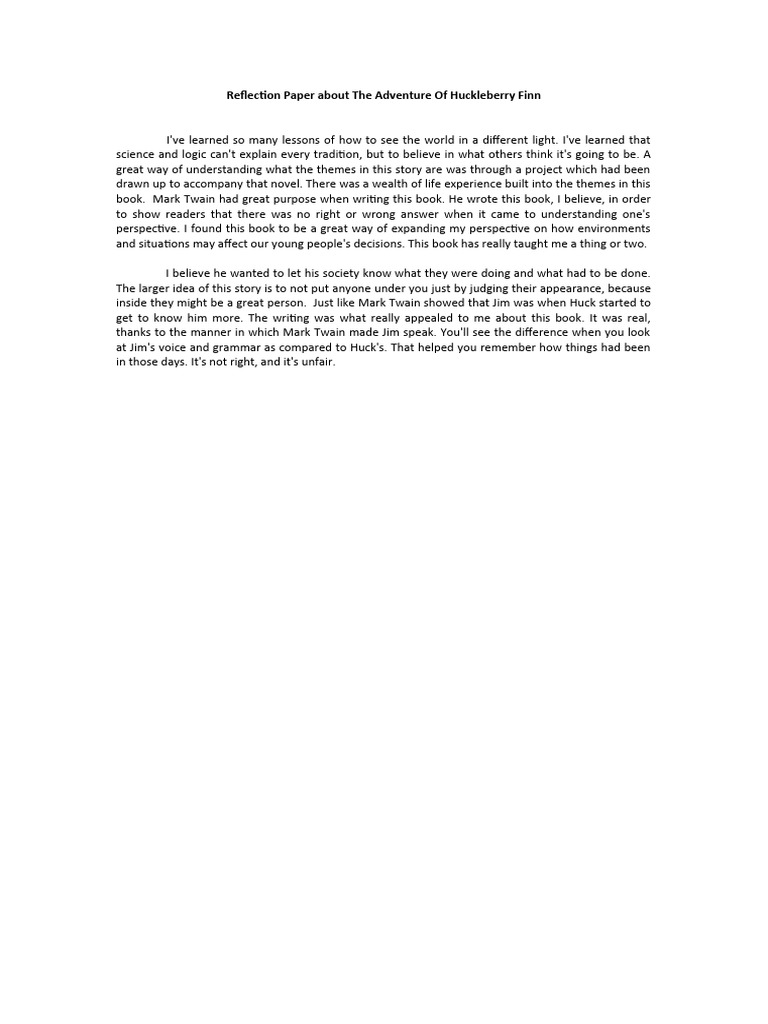 Reflection Paper About The Adventure of Huckleberry Finn | PDF | Social ...