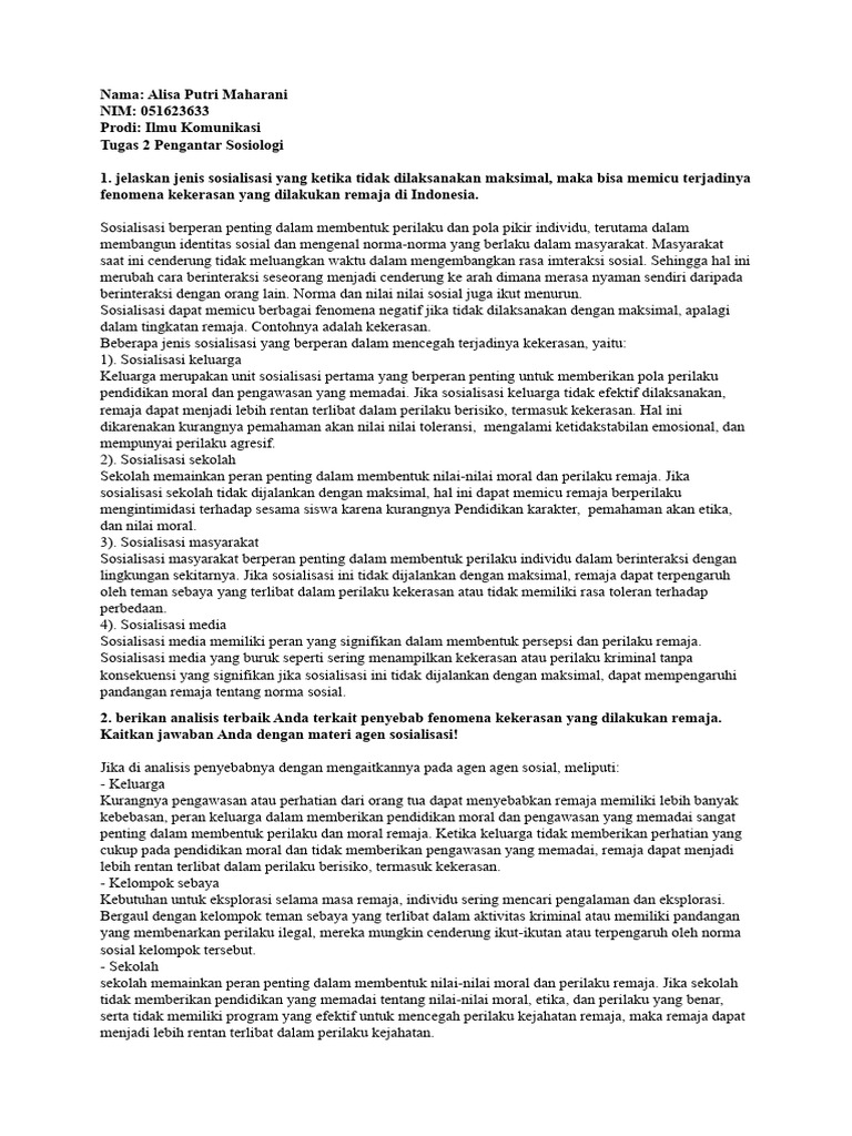 Tugas 2 Pengantar Sosiologi - Alisa Putri Maharani | PDF