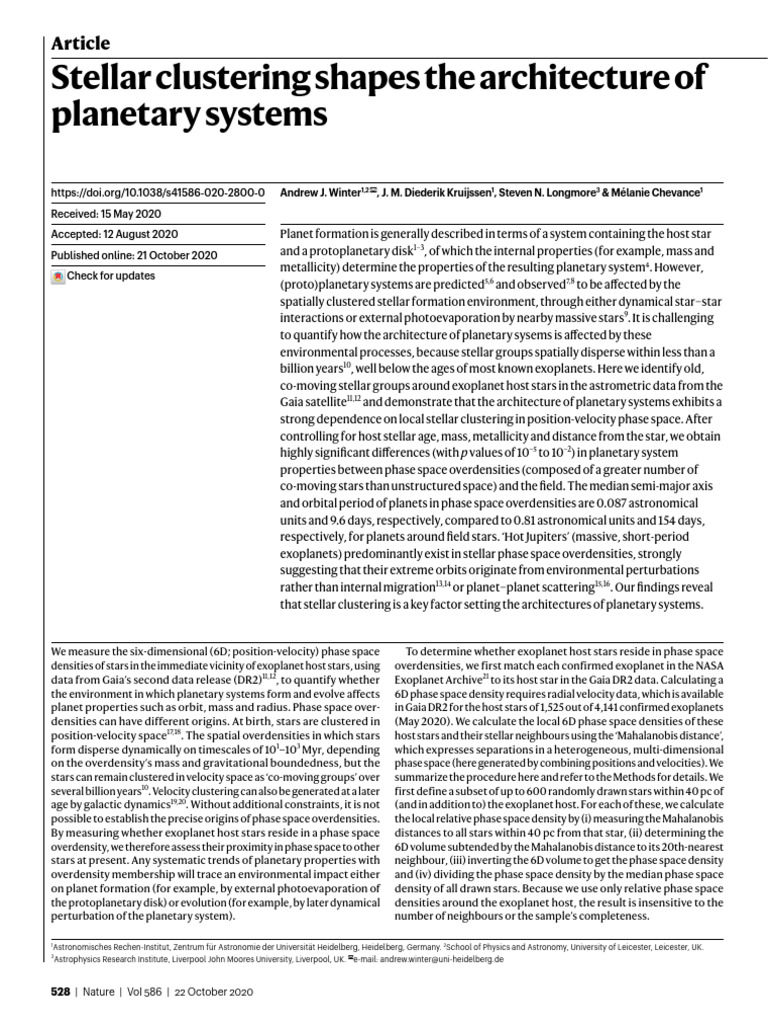 Stellar Clustering Shapes The Architecture of Planetary Systems | PDF | Exoplanet | Stars