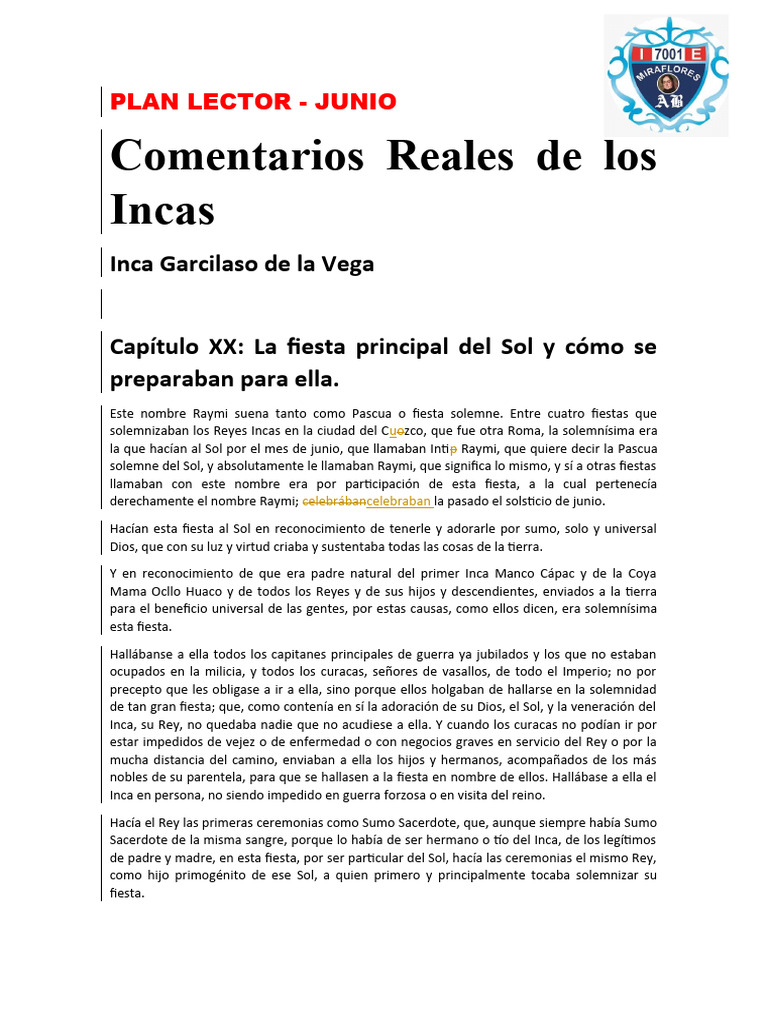 PLAN LECTOR-Comentarios Reales de Los Incas | PDF | Imperio Inca
