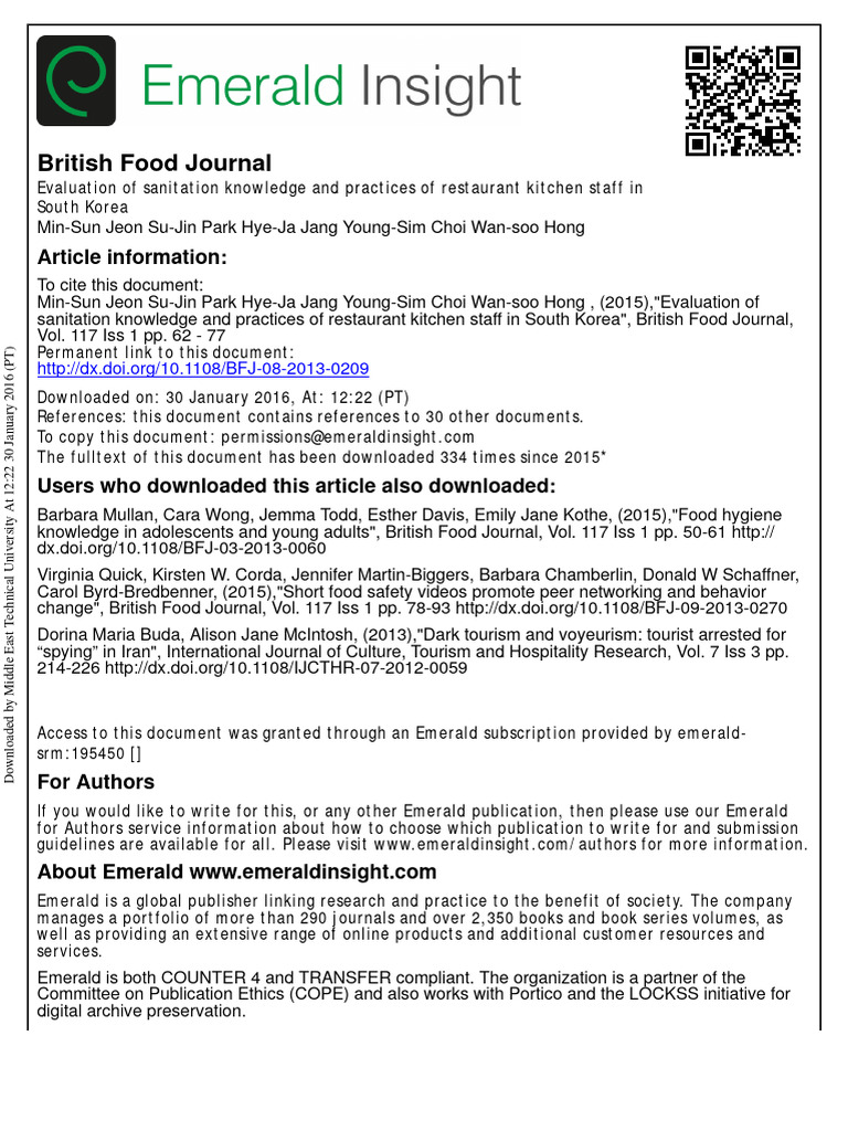 Evaluation of Sanitization Knowledge and Practices of Restaurant Kitchen Staff in South Korea ...