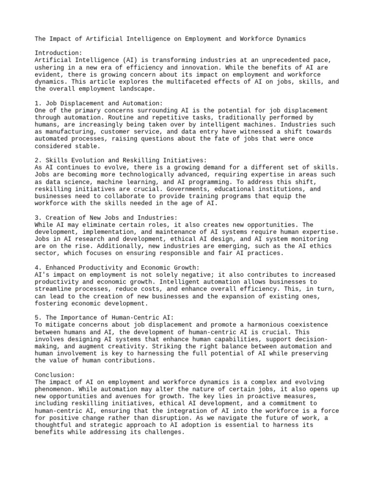 The Impact of Artificial Intelligence On Employment and Workforce Dynamics | Download Free PDF ...