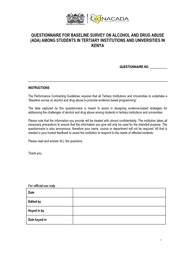 QUESTIONNAIRE FOR BASELINE SURVEY | PDF | Substance Abuse | Cannabis (Drug)