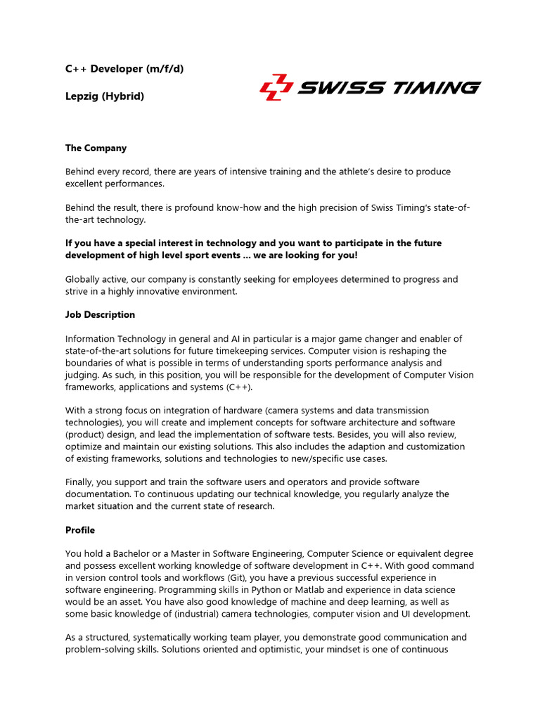 Swiss Timing - C++ Developer | PDF | Software | Software Engineering