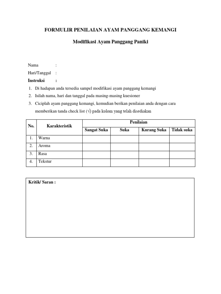 Formulir Penilaian Uji Organoleptik Ayam Panggang Kemangi | PDF