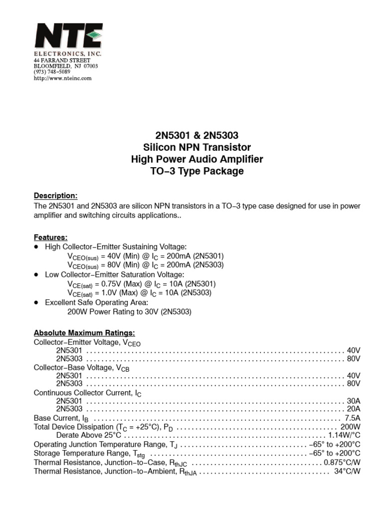 2N5301 & 2N5303 Silicon NPN Transistor High Power Audio Amplifier TO 3 ...