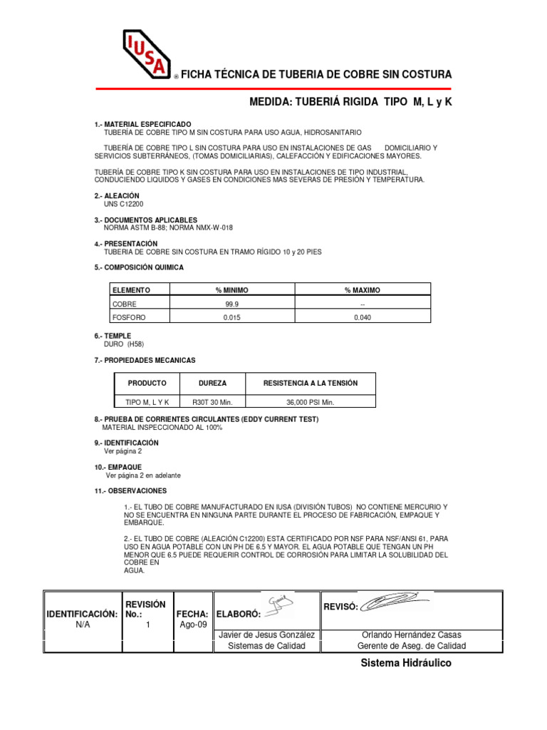 Ficha Tecnica Tuberia de Cobre | PDF | Cobre | Tubería (transporte de ...