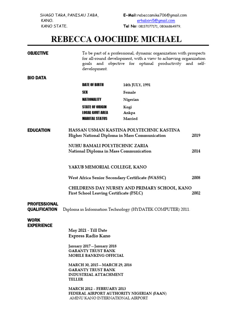 Rebecca Michael Cv. | PDF