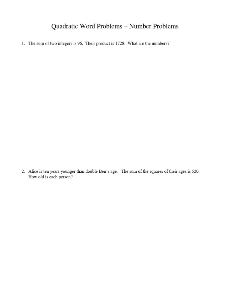 10 - Quadratic Word Problems - Numbers | PDF