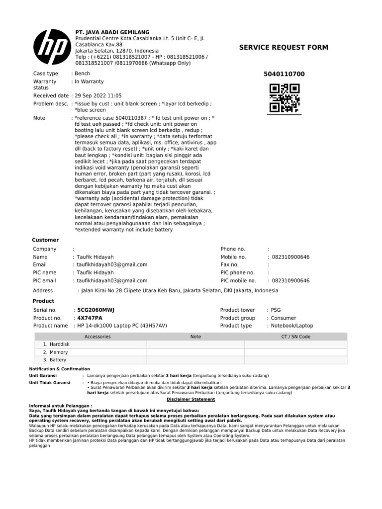 Formulir Layanan Garansi Laptop HP | PDF | Teknologi & Rekayasa