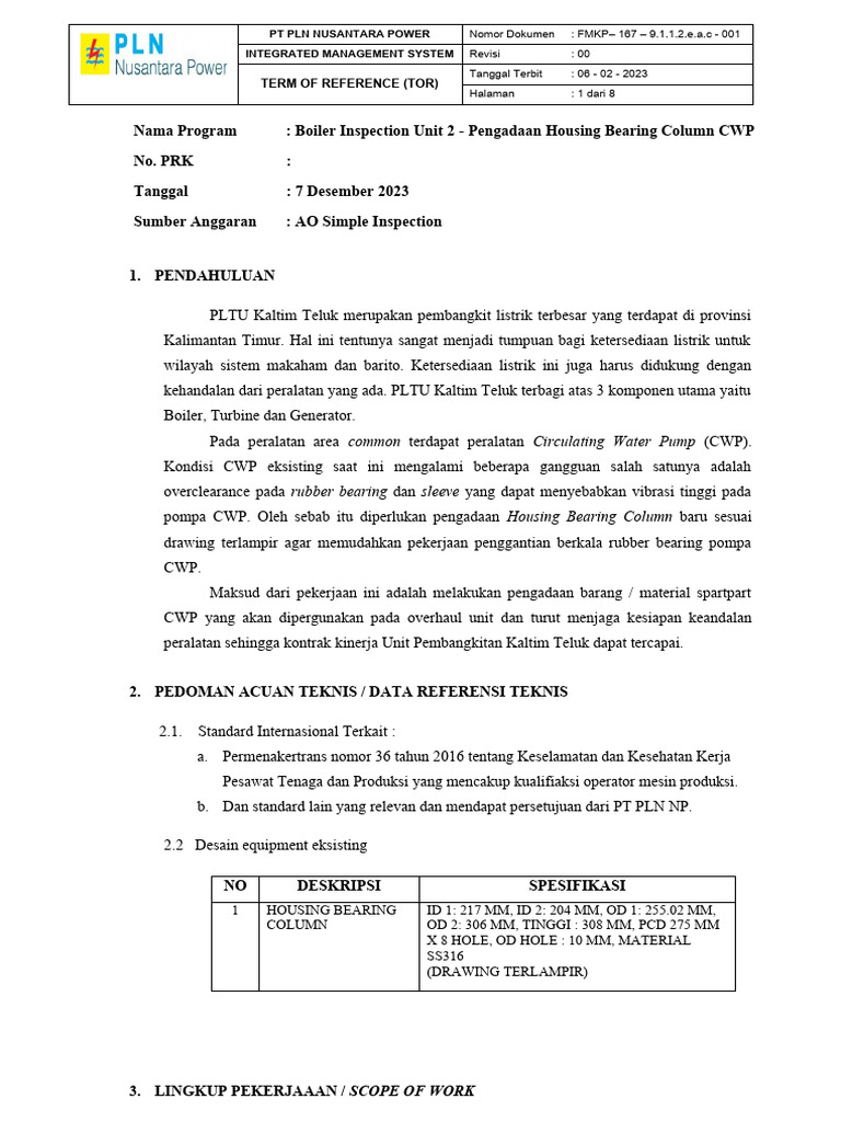 (2660) Tor Pengadaan Housing Bearing Column CWP | PDF