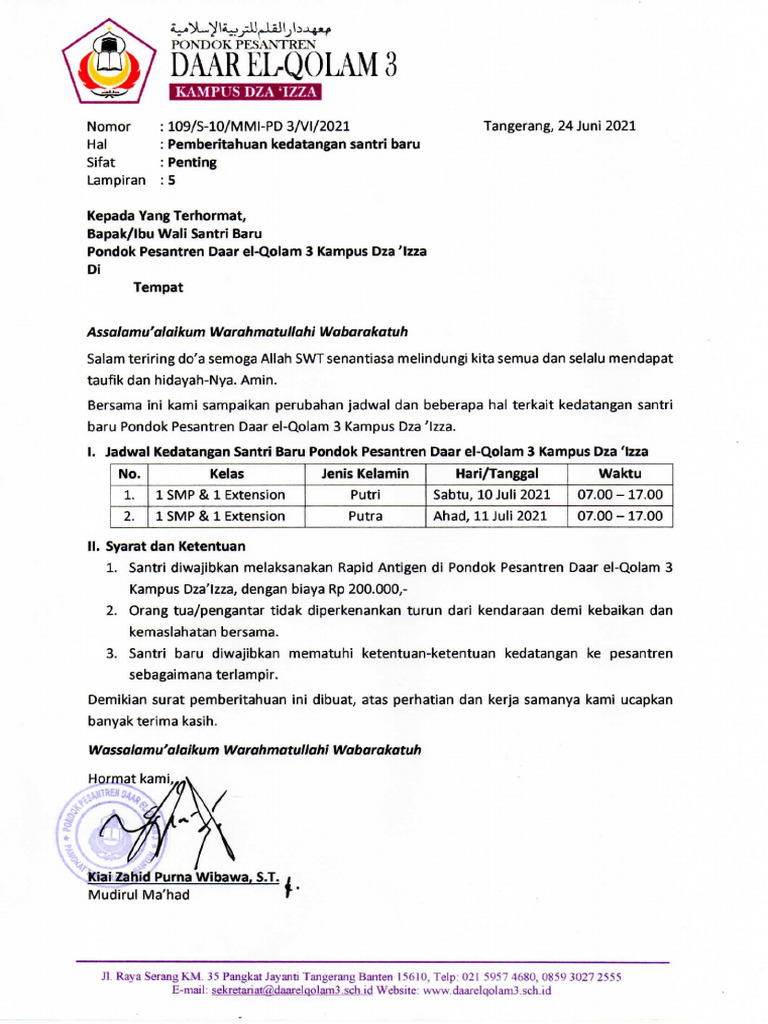 Surat Pemberitahuan Kedatangan Santri Baru Ta 21 22 | PDF