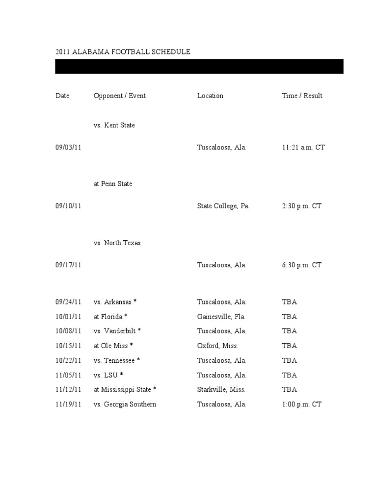 2011 Alabama Football Schedule | PDF | Cooking, Food & Wine | Law