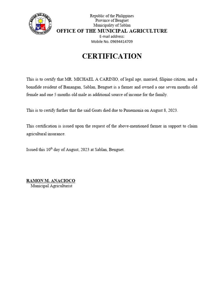 Certification of Loss of Animal | PDF