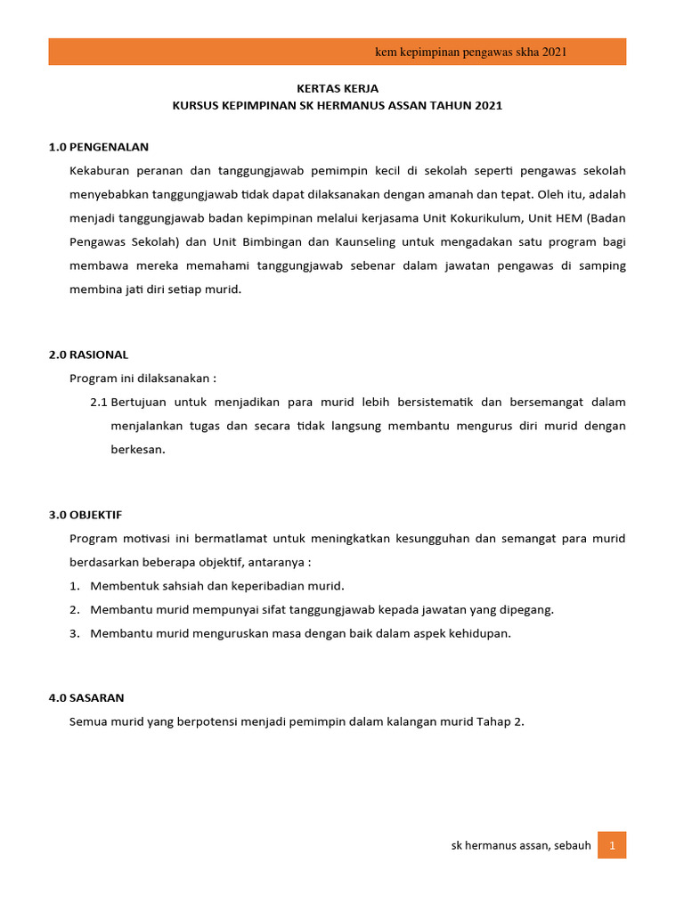 Kertas Kerja Kem Kepimpinan Pengawas | PDF