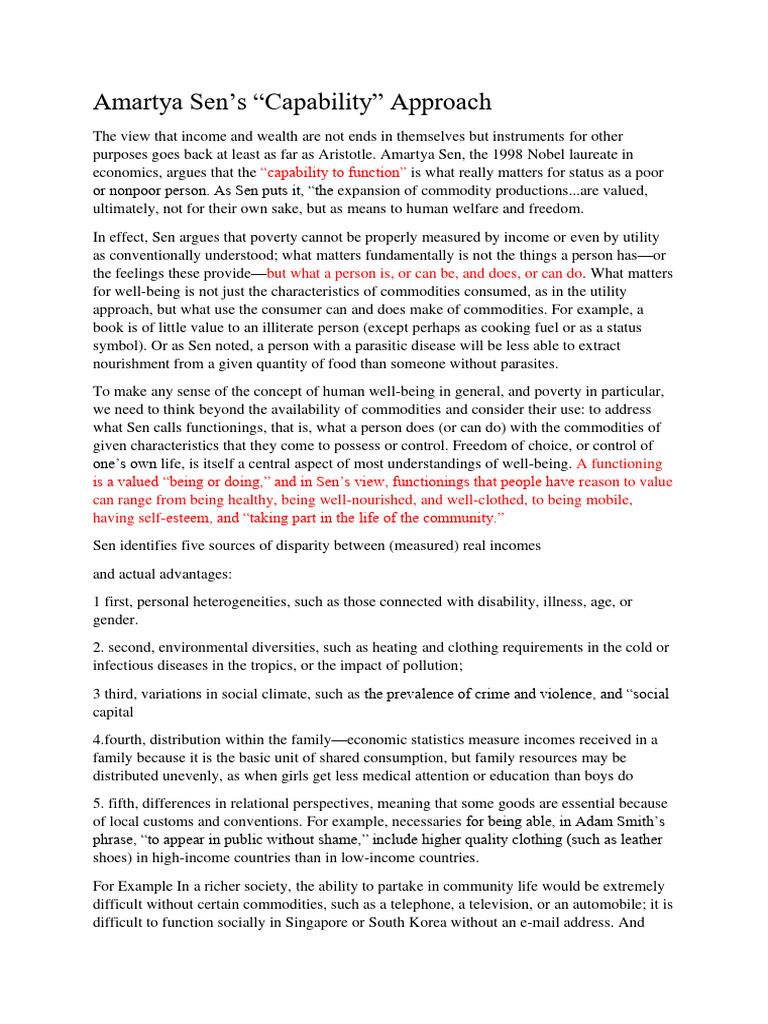Amartya Sen's Capability Approach Explained | PDF | Wellness