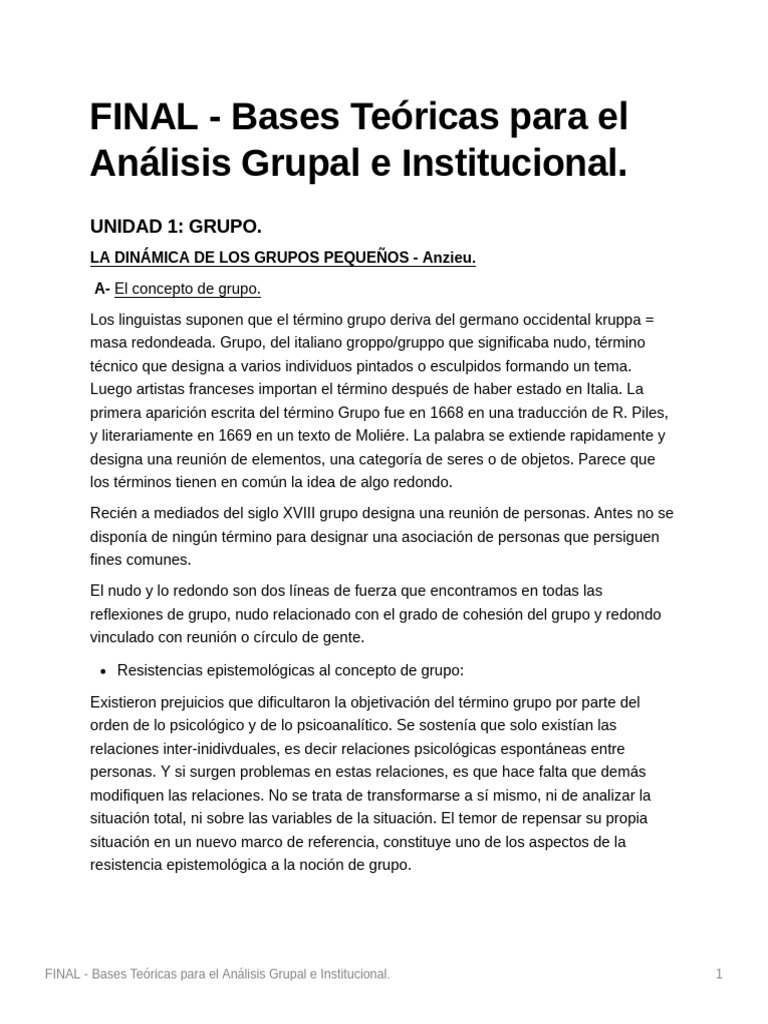 FINAL - Bases Tericas para El Anlisis Grupal e Institucional | PDF | Subjetividad | Pensamiento