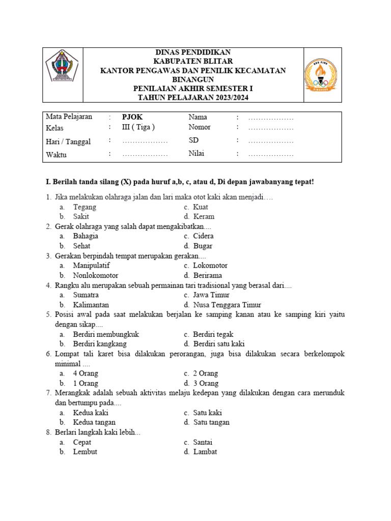 Soal PAS III PJOK Tahun Pelajaran 2023-2024 | PDF