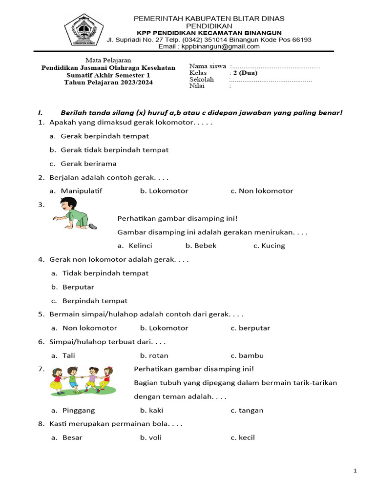 Soal PJOK Kelas 2 Semester 1 | PDF | Olahraga & Rekreasi
