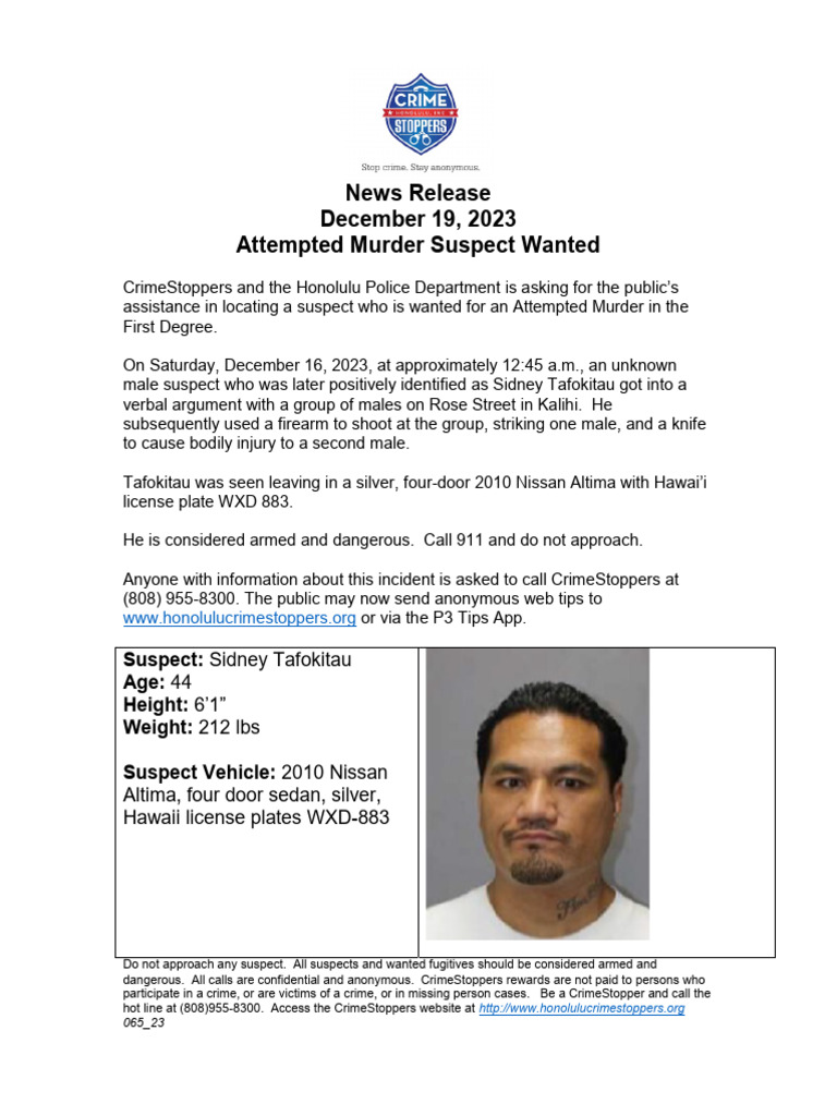 Honolulu Attempted Murder Suspect Wanted | PDF