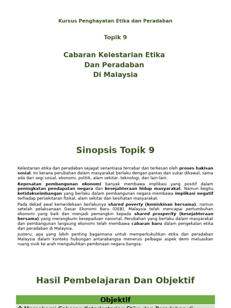 Topik 9 Cabaran Kelestarian Etika Dan Peradaban Di Malaysia | PDF