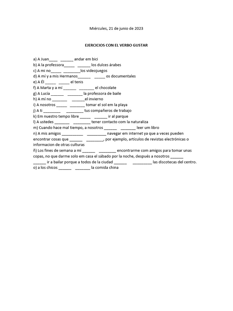 Ejercicios Con El Verbo Gustar | PDF | Juegos y actividades