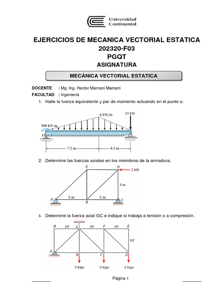Ejercicios Mecanica Vectorial Estatica 2023-2 (HMM) | PDF | Braguero | Estrés (Mecánica)