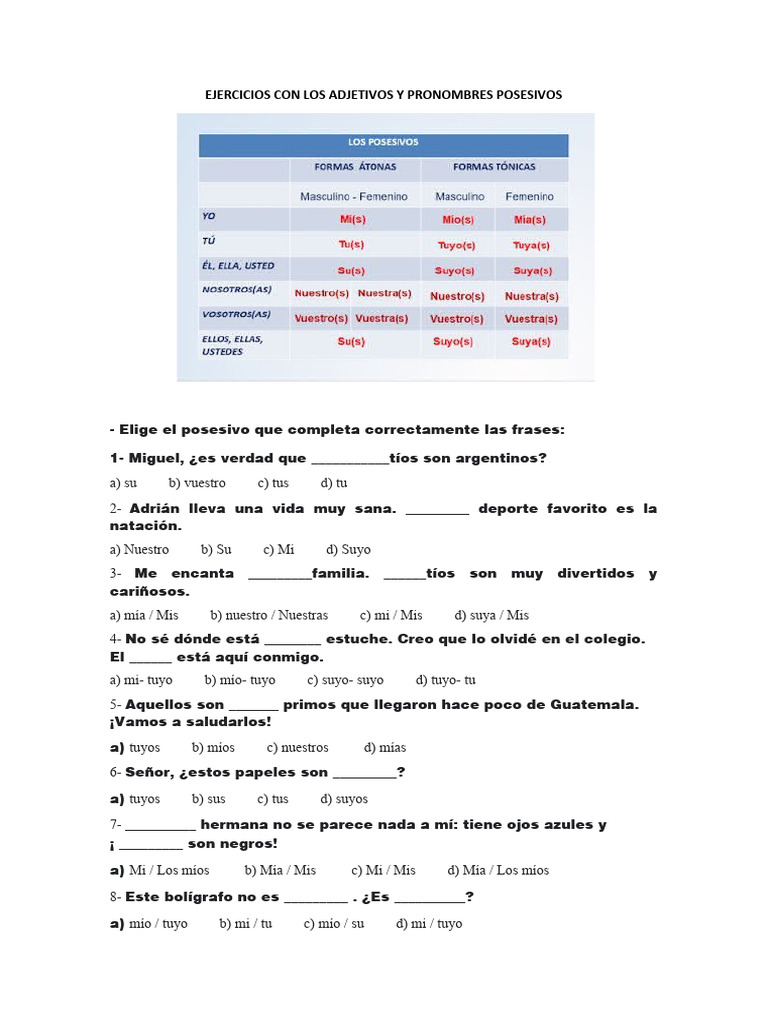 Ejercicios Con Los Adjetivos y Pronombres Posesivos | PDF