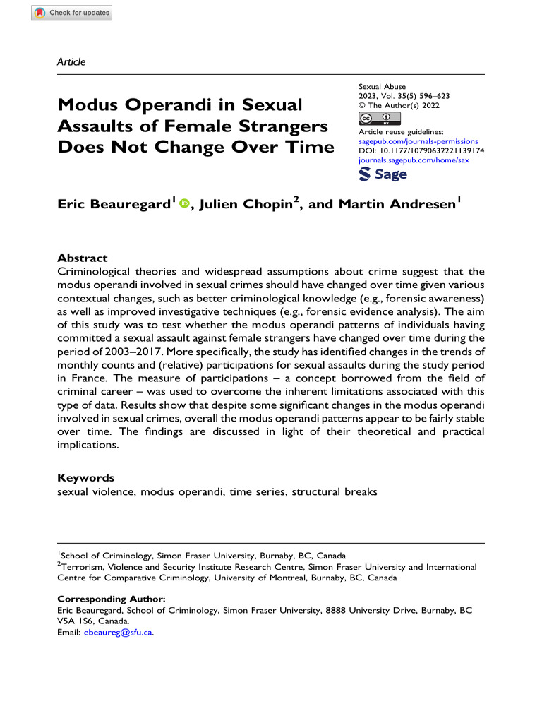 Beauregard Et Al 2022 Modus Operandi in Sexual Assaults of Female ... Beauregard Et Al 2022 Modus Operandi in Sexual Assaults of Female ...