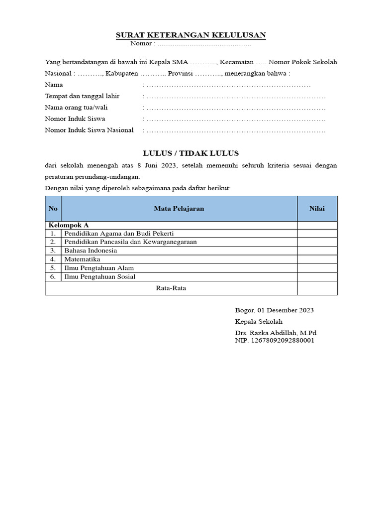 Surat Keterangan Kelulusan SMA 2023 | PDF