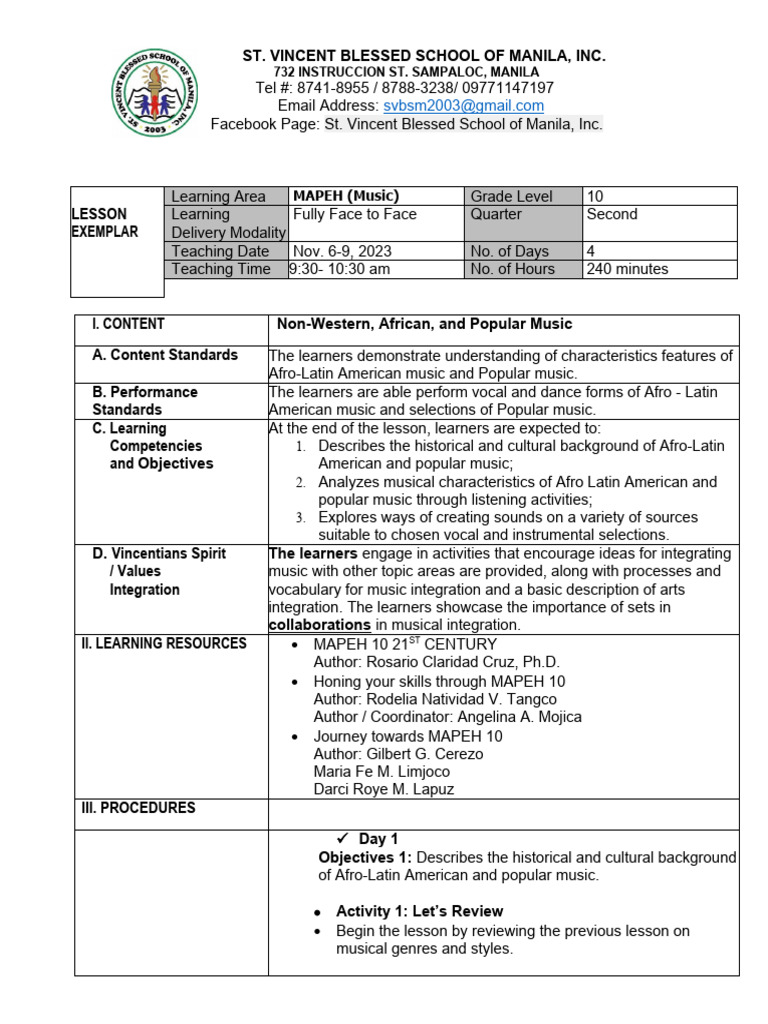 MAPEH 10 2nd Quarter Music Lesson Plan | PDF | Shape