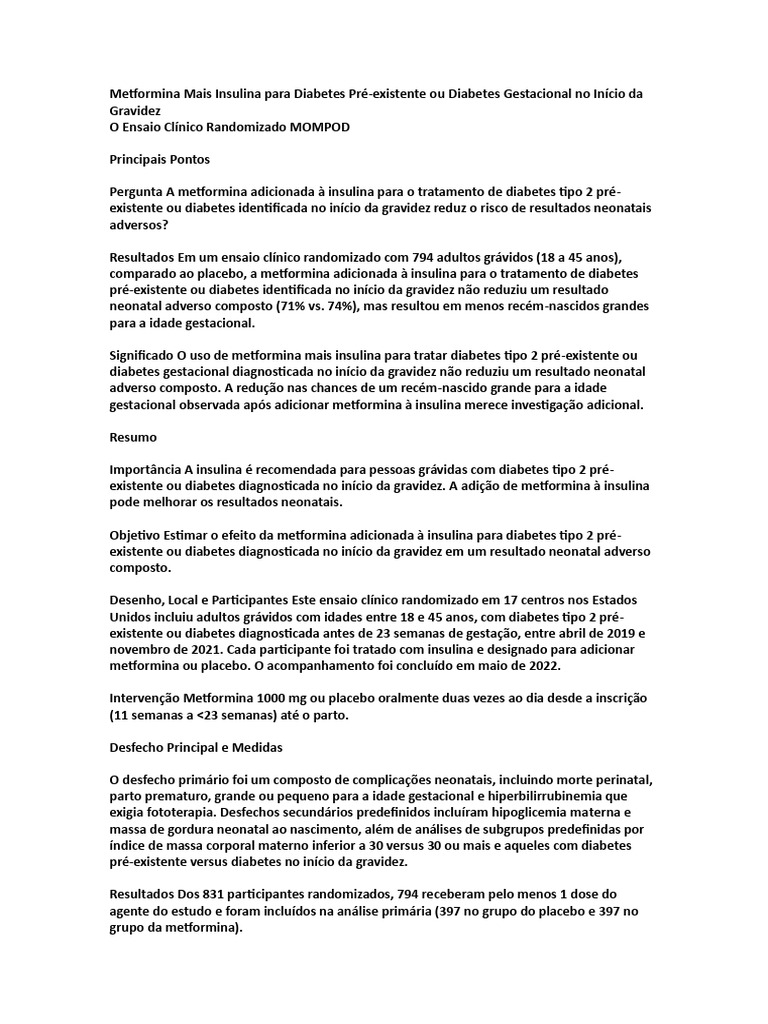 Metformina Mais Insulina para Diabetes Pré-Existente Ou Diabetes ...