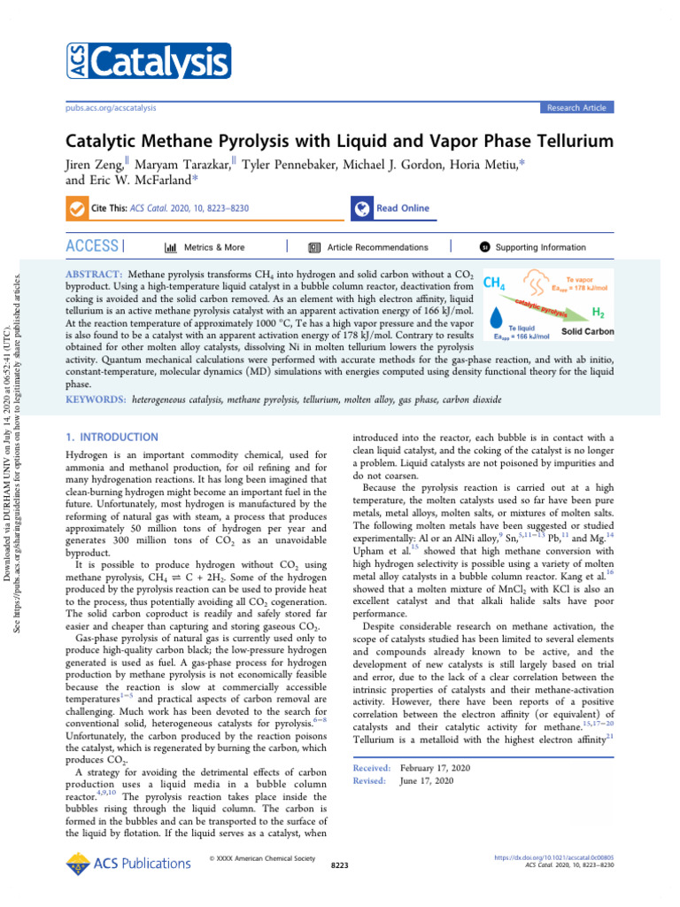 Methane Pyrolysis with Tellurium | PDF | Catalysis | Methane