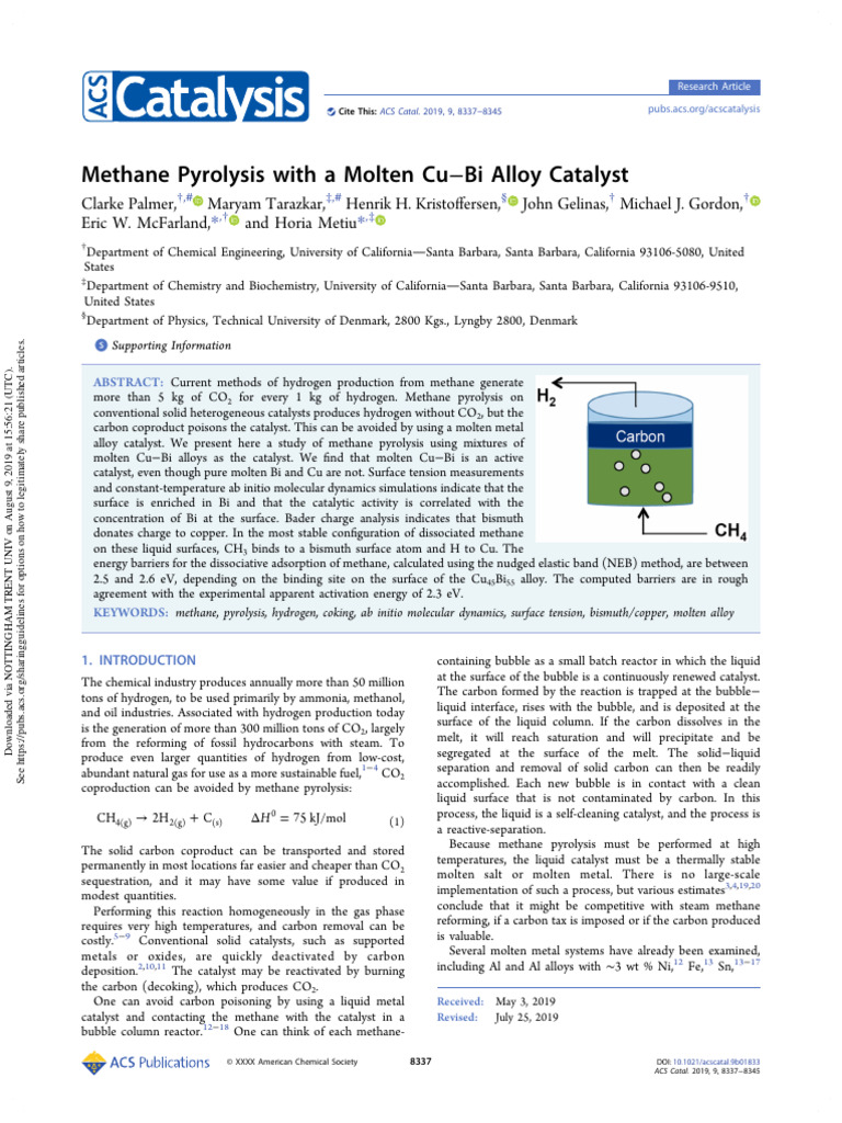 Methane Pyrolysis With A Molten Cu Bi Alloy Catalyst | PDF | Catalysis ...