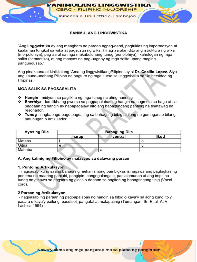 Panimulang Linggwistika - Majorship Handout | PDF