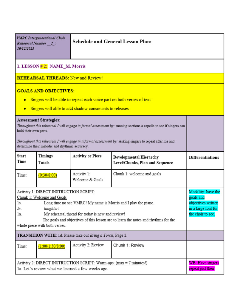 morris fa 23 lesson plan 2 | PDF | Song Structure | Choir
