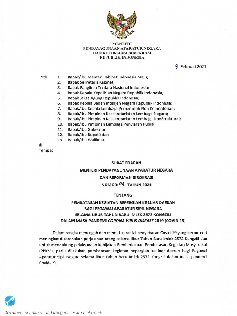 SE MENPAN RB - Pembatasan Kegiatan Bepergian Ke Luar Daerah | PDF