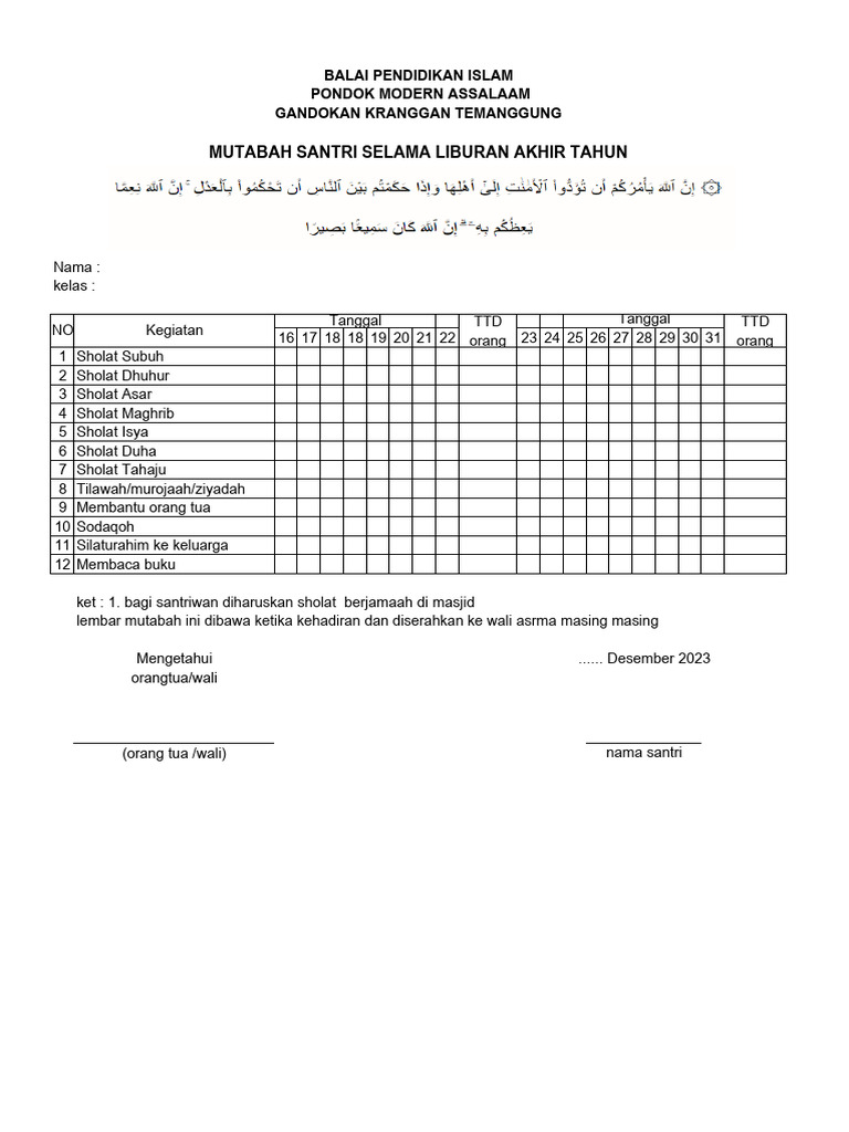 Mutabaah Liburan | PDF