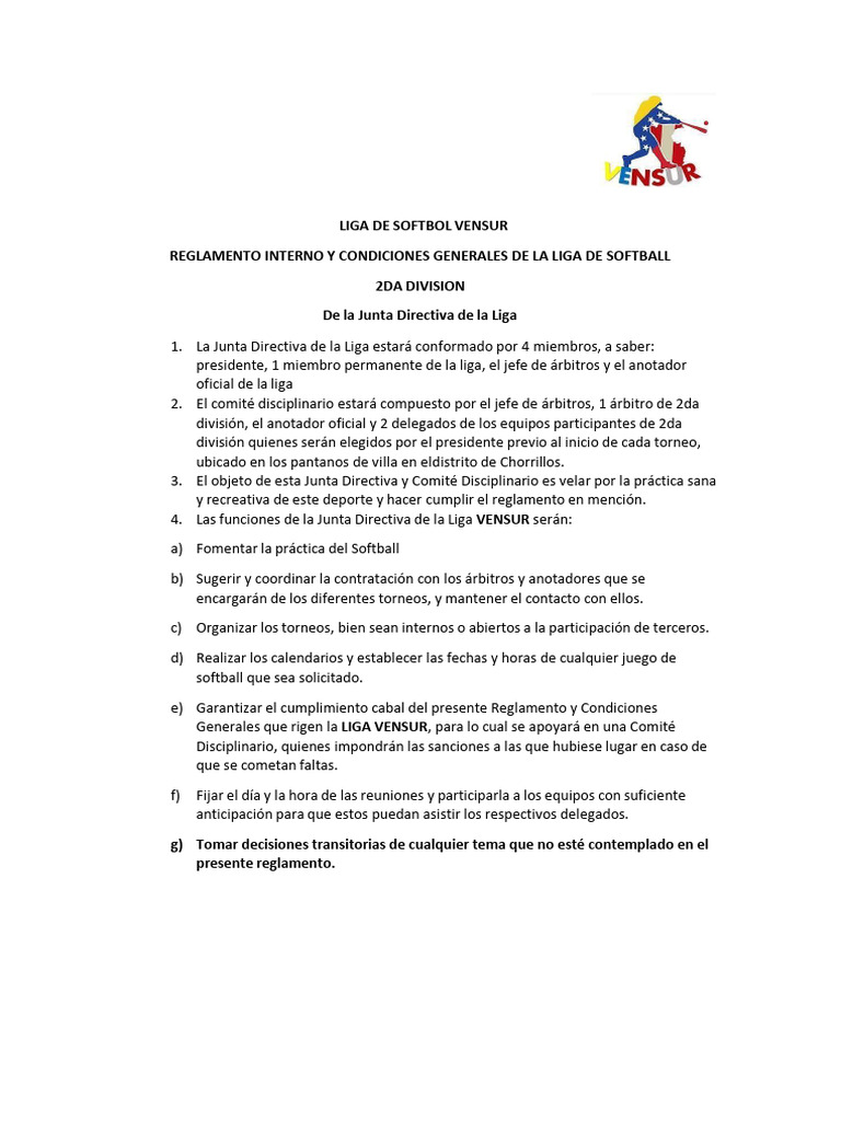Reglamento Liga Softbol VENSUR 2da División | PDF | Lanzador ...