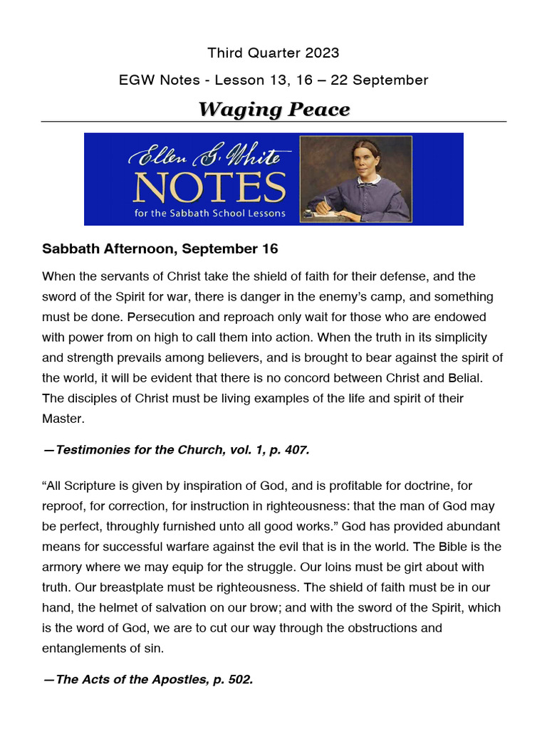 Waging Peace - SDA - LESSON - STUDY - EGW - NOTES | PDF