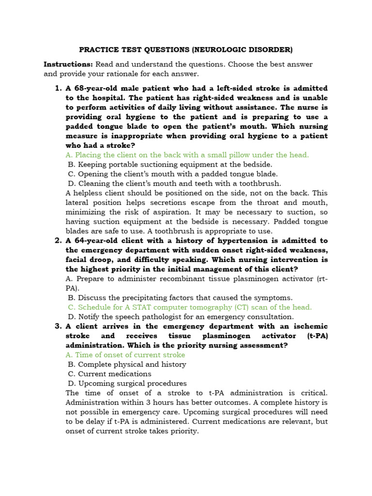 Neurologic Disorder Practice Test | PDF | Stroke | Rheumatoid Arthritis