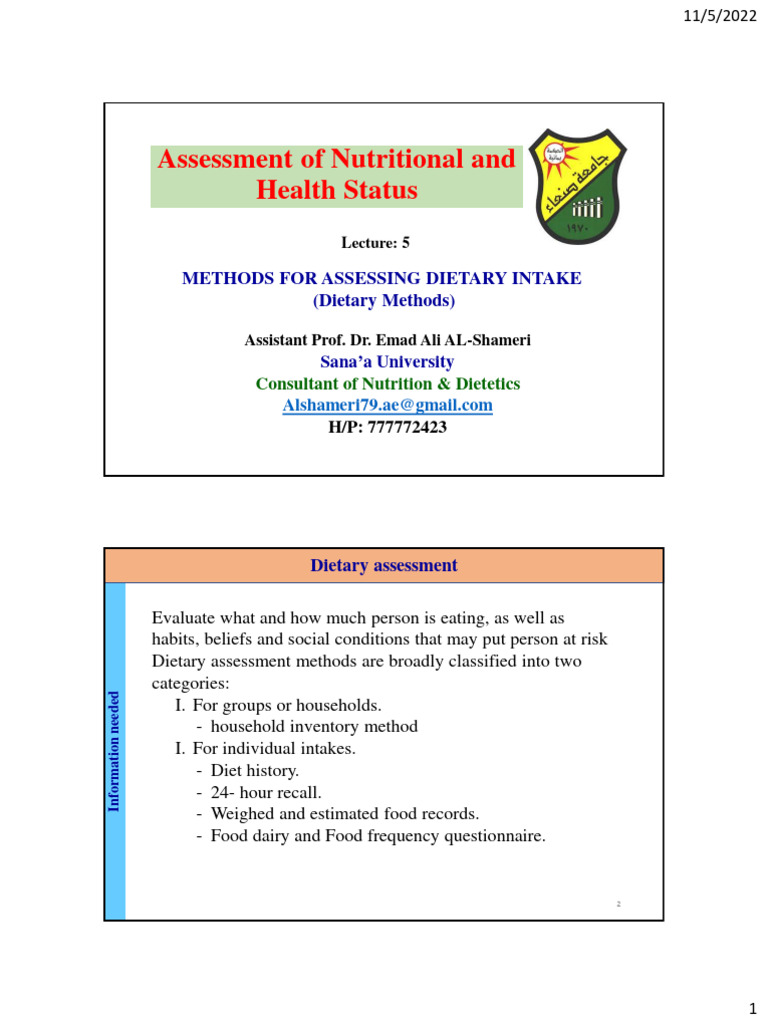 Dietary Assessment Methods Guide | PDF | Diet (Nutrition) | Diet ...
