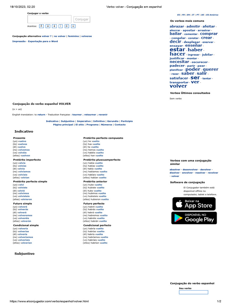 Verbo Volver - Conjugação em Espanhol | PDF | Unidades Semánticas ...